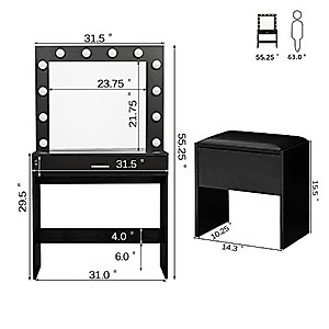 JOYSOURCE Large Vanity Set with 12 Lights Bulbs, Desk Black Makeup Table with Cushioned Stool for Women, Girls, Bedroom