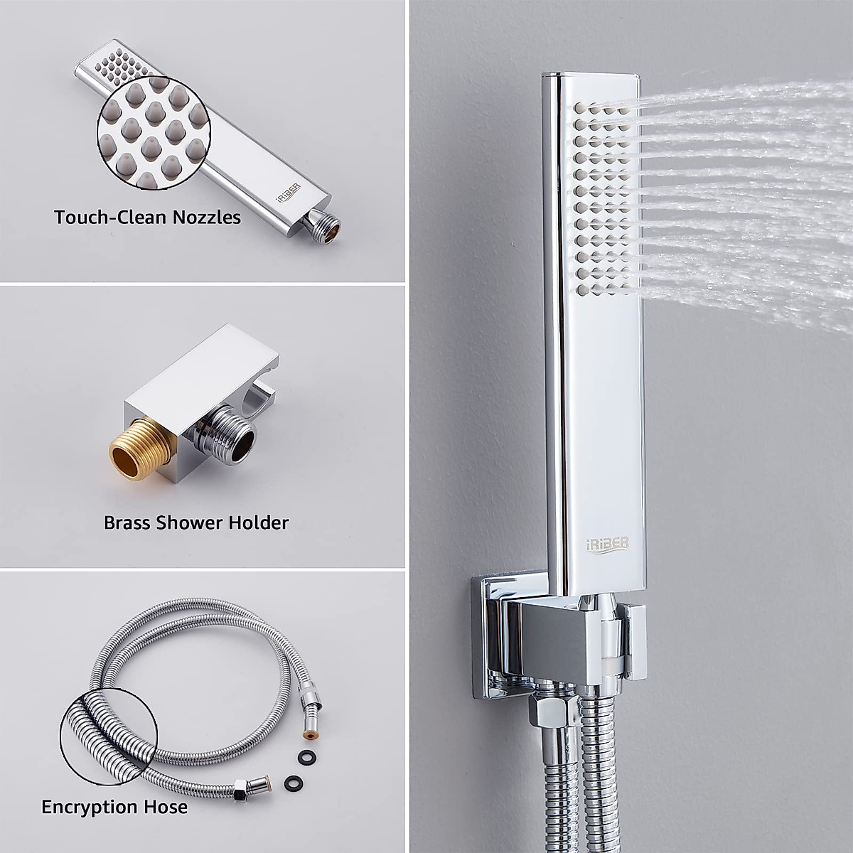 Iriber 12 Inch Bathroom Shower System Polish Chrome Wall Mounted Square Mixer Shower Faucet Combo Set with Hand Held Rough-in Valve Rainfall Shower and Trim
