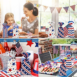 Whaline 160Pcs Patriotic Cellophane Treat Bags Star Wave Stripe Clear Plastic Candy Treat Cello Bags Boys Birthday Party Goodie Gift Bags with Twist Ties for Veterans Memorial Day Party