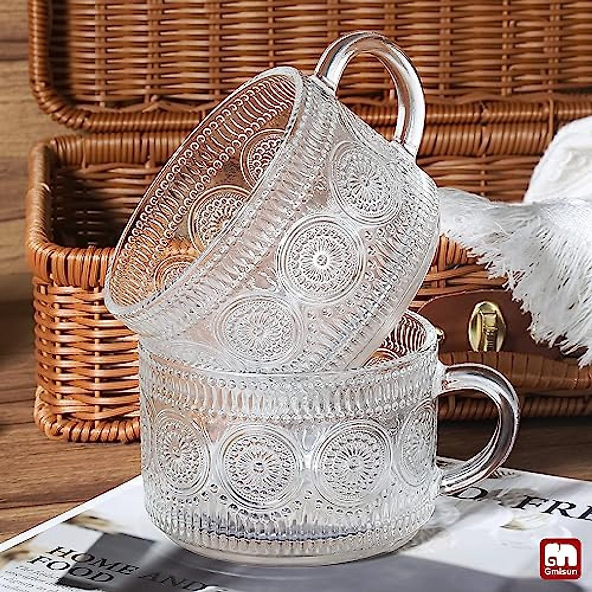 GMISUN Vintage Coffee Mugs, 14oz Glass Coffee Mug Set with Bamboo Lids, Large Clear Coffee Mug with Spoons, Big Coffee Cup Set with Handle, Clear Coffee Cups for Coffee, Iced Coffee (2 Pack)