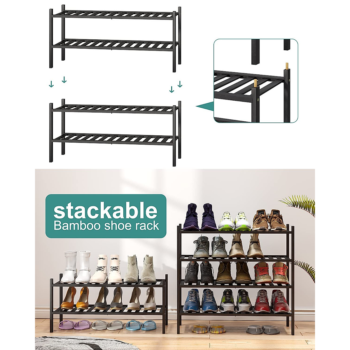 2-Tier Black Bamboo Shoe Rack for Entryway, Stackable | Foldable | Natural, Shoe Shelf Storage Organizer for Hallway Closet, Free Standing Shoe Racks for Indoor Outdoor