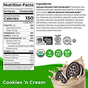 Orgain Organic Vegan Protein Powder, Cookies & Cream - 21g Plant Based Protein, 7g Prebiotic Fiber, Low Net Carb, No Lactose Ingredients, No Added Sugar, Non-GMO, For Shakes & Smoothies, 2.03 lb