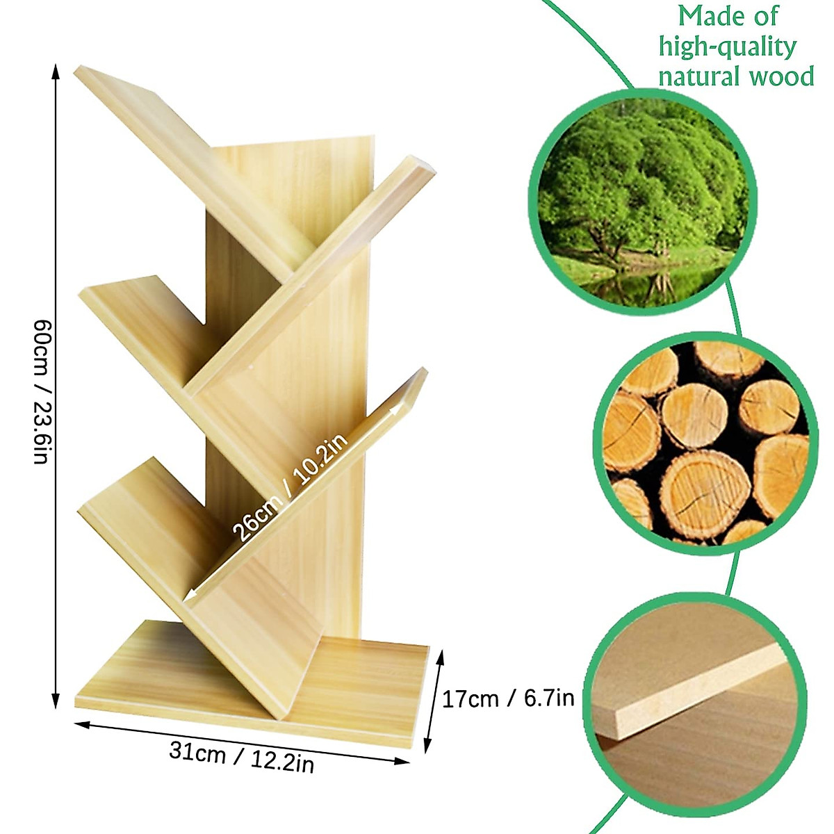 QUMENEY Tree Bookshelf, 5 Shelf Display Bookcase,Tree Bookcase for Books/CDs/Albums/Files Holder, Free Standing Book Shelves Organizer for Office，Bedroom, Living Room (Light Walnut)