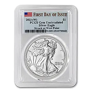 2023 (W) 1 oz American Silver Eagle Coin Gem Uncirculated (First Day of Issue - Struck at West Point - Flag Label) $1 PCGS GEMUNC