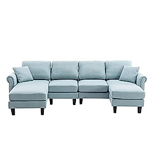 Eafurn U-Shaped Sectional Sofa w/Chaise Lounge and Movable Ottoman,108.66" Convertible Corner Couch,5 Seater Linen Upholstery Sofa&Couches with 2 Pillows for Living Room Furniture Sets, Light Blue
