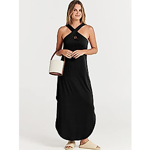 ANRABESS Women's Casual Loose Sleeveless Beach Dress Criss Cross Slit Maxi Sun Dresses 2023 Fashion Vacation Outfits Summer Clothes Resort Cruise Wear A453heise-XL Black