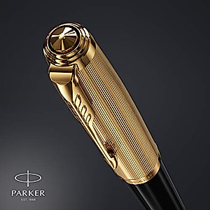 Parker 51 Fountain Pen | Deluxe Black Barrel with Gold Trim | Fine 18k Gold Nib with Black Ink Cartridge | Gift Box