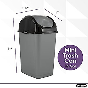 Superio Mini Plastic Trash Can with Swing Top Lid 1.25 Gallon Compact Small Waste Bin Portable Garbage Can for Countertop, Desktop, Make up Vanity, Bathroom, Car, Under Sink, Dorm, 5 Quart (Grey/Black, 3)