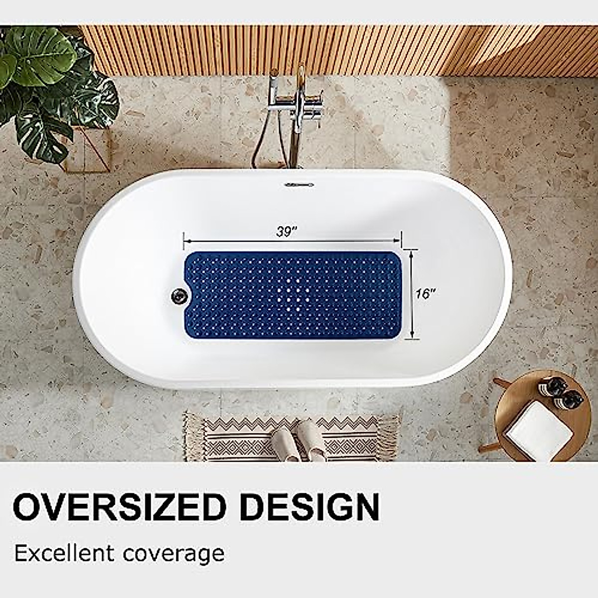 Duwenem Bath Mat for Tub and Shower - Extra Large 39 X 16 Inch Non Slip Bathtub Mat with Drain Holes & Suction Cups - Machine Washable Bathroom Mat (Navy Blue)