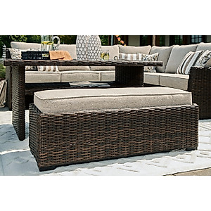 Signature Design by Ashley Brook Ranch Casual Weather Resistant Right Hand Facing Outdoor Sofa Sectional/Bench with Cushion and 6 Throw Pillows, Set of 3, Beige & Dark Brown