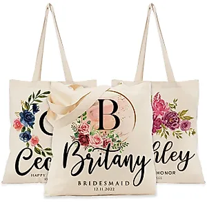 Personalized Floral Initial Tote Bags Gifts for Women - 9 Flower Designs Customizable w/Name Text Date - Custom Wedding Totes Bag Gift for Bridesmaid - Customized Monogrammed Shoulder Bag for Girls C1