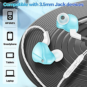3.5mm HiFi Audio Earphone Deep Bass Stereo Sound Wired Earbuds Noise Isolation Headphones in-Ear Headset with Mic Volume Control Music Sports Earphones for iPhone Samsung Glass Blue