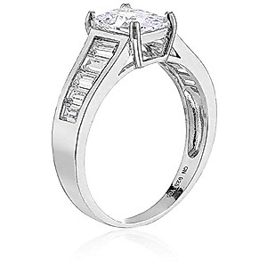 Sterling Silver 6x8mm Emerald Cut Cubic Zirconia Engagement Ring With Graduated Baguette Band