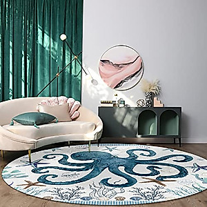 Ocean Octopus Round Area Rugs 5ft - Soft Area Rug for Kids Room, Blue Summer Beach Nautical Coastal Starfish Coral Machine Washable Living Room Circle Rugs, Non-Shedding Bedroom Carpet Floor Mat