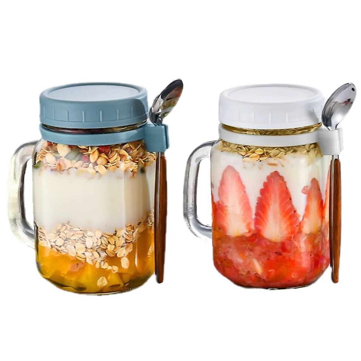 Overnight Oat Containers with Lids and Spoon and Handle, 2 Pack, Large Glass Overnight Oats Jars Reusable Airtight 16 oz Mason Jars for Cereal Yogurt