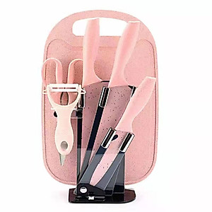 Knife Set of 7, Professional Stainless Steel Japanese Kitchen Knife Set with Cutting Board and Acrylic Stand, Non-Stick Coating Cooking Knife with Gift Box for Women Gifts (Pink)