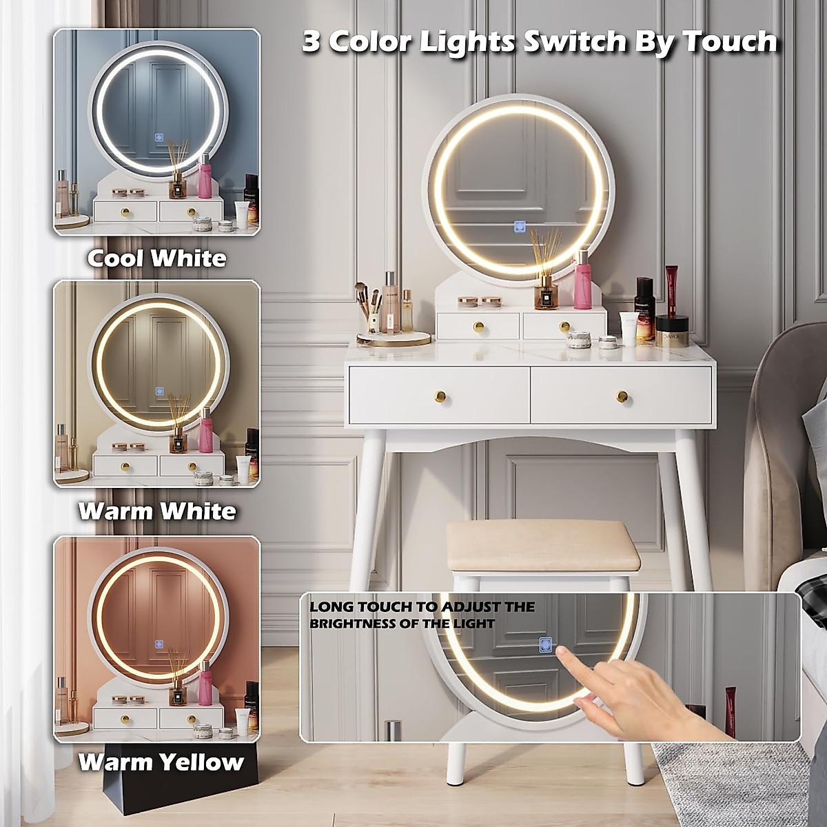 JUMMICO Makeup Vanity Desk with Round Mirror and Lights, Vanity Table Makeup Desk 4 Storage Drawers 3 Adjustable Colors LED Lights Matched Soft Cushioned Stool for Girls Bedroom (White) …
