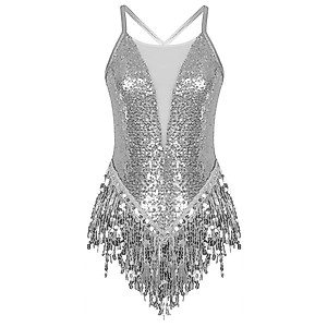 JEATHA Women Sequin Mesh Patchwork Camisole Ballet Leotard Crisscross Back Tassel Hem Gymnastic Dancewear Silver Medium