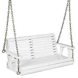 Giantex Wooden Porch Swing 2 Seat - Outdoor Swinging Chairs with Hanging Chains, 600 lbs Weight Capacity, 4 FT Finished Fir Wood Bench Swing for Patio, Outside, Garden, Lawn, Backyard (White)