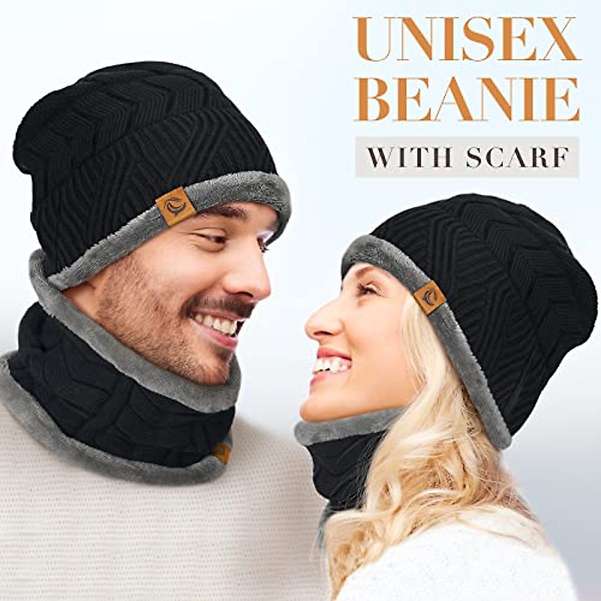 Beanie Hats for Men Women - Neck Warmer Winter Hat Scarf Set Gifts for Man Woman, Dual Layered Fleece Lined Winter Cap, Chunky Toboggan Knit Hat, Thick Soft Stretchy Skull Cap Black Stocking Stuffer