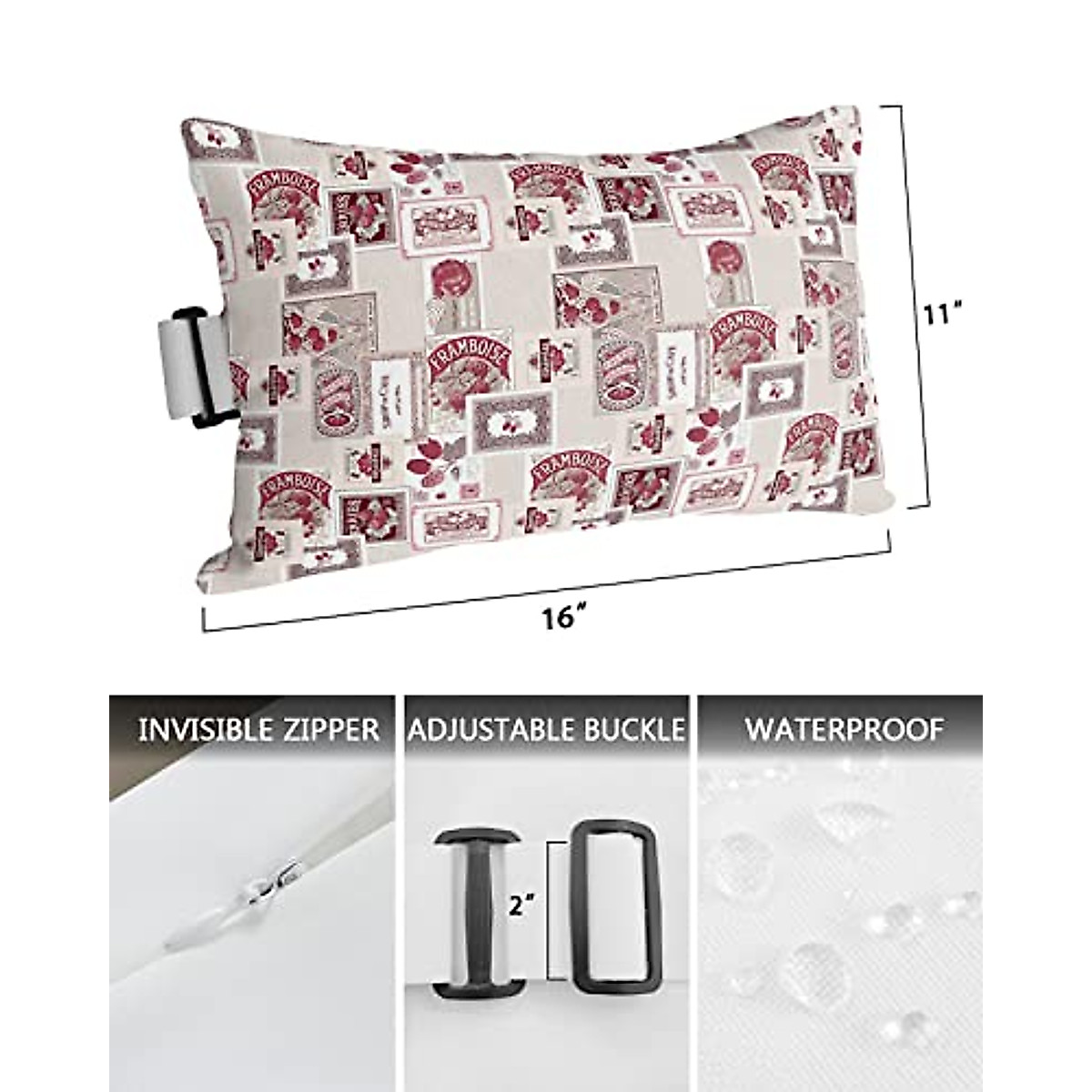 Recliner Head Pillow Ledge Loungers Chair Pillows with Insert Vintage Fruit Cotton Linen Patch Texture Lumbar Pillow with Adjustable Strap Outdoor Waterproof Patio Pillows for Beach Pool, 2 PCS