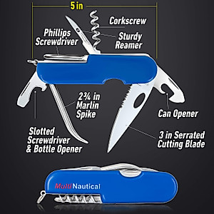Maxam Multi-Function Sailor/Boating Knife, ideal for Fishing, or Sailing - Cutting Blade, Bottle Opener, Screwdriver, Reamer, Saw, Corkscrew, Marlin Spike