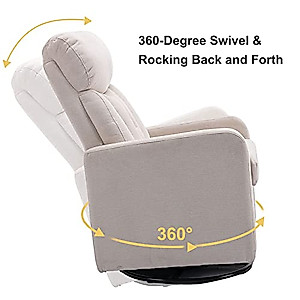 Taiweny Swivel Rocking Chair with Storage Ottoman, Linen Fabric Upholstered Glider Rocker Armchair and Folding Foot Stool for Nursery, Bedroom, Living Room, Home Office (Beige)