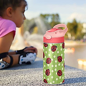 ALAZA Ladybug Kids Water Bottles with Lids Straw Insulated Stainless Steel Water Bottles Double Walled Leakproof Tumbler Travel Cup for Girls Boys Toddlers 12 oz,Pink