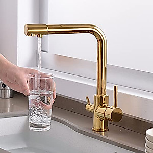 3 Way Kitchen Faucet for Filter Water System, Kitchen Taps Brass Purified Water Hot and Cold Water Swivel Kitchen Sink Tap-Gold