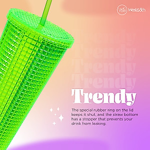 WEST & FIFTH Grid Plastic Cold-Cup Tumbler with Straw, Iridescent Semi-Transparent Square-Textured Cup, BPA-Free Double-Wall Cup for Iced Coffee, Cold Drinks, or Water, 24oz., Neon Green