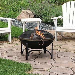 Sunnydaze 26-Inch Diameter Contemporary Steel Outdoor Wood Burning Fire Bowl with Handles and Spark Screen - Outside Metal Backyard Bonfire Patio Fire Pit