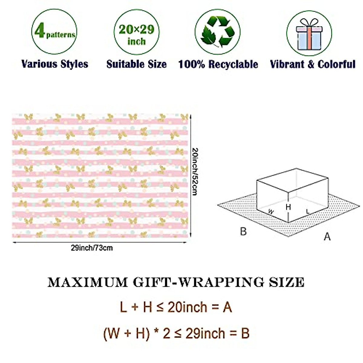 WAPLIGHAL Pink Birthday Wrapping Paper for Boys Girls Kids Men Women - Poka dots, Star, Gold Glittering Butterflies Design - Valentine's Day Birthdays, Holidays, Baby Showers Gift Wrap - 20 X 29 Inch Per Sheet (8 Precut Folded Sheets), Easy to Store
