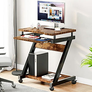 sogesfurniture Small Mobile Computer Desk with Keyboard Tray, Z-Shaped Compact Study Table, Rolling Workstation for Home and Office with Printer Shelf, Keyboard Drawers, Rustic Brown
