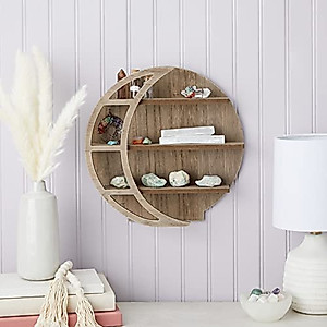Farmlyn Creek Brown Wooden Moon Shelf, Rustic Wall Home Decor, Crystal Holder for Stones Display and Essential Oils (12 x 12 x 3 in)
