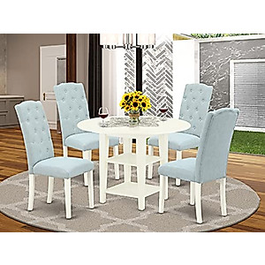 East West Furniture SUCE5-LWH-15 5Pc Set Includes a Round Dining Table with Drop Leaves and Four Parson Chairs with Baby Blue Fabric, Linen (White) Finish