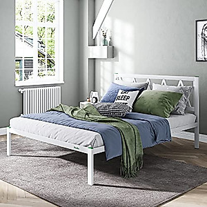 Novilla 14 Inch Queen Size Bed Frame with Headboard, Platform Bed Frame No Box Spring Needed, Metal Queen Bed Frame with Storage Space, Wooden Slats Support, Easy Assembly, White