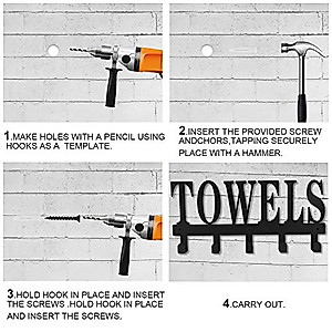 Towel Holder 5 Hooks for Bathroom, Towel Racks, Towel Hooks for Bathroom, Bedroom, Kitchen, Pool, Beach Towels, Bathrobe, Clothing, Metal Sandblasted Wall Mount Rustproof and Waterproof (Black01)