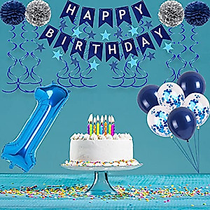 NANINUNENO 14th Blue Birthday Party Decorations for Boy Girl Men Women, Happy 14 Birthday Balloons Supplies with Happy Birthday Banner,14 Number Balloons, Blue Star Streamers, Hanging Swirls
