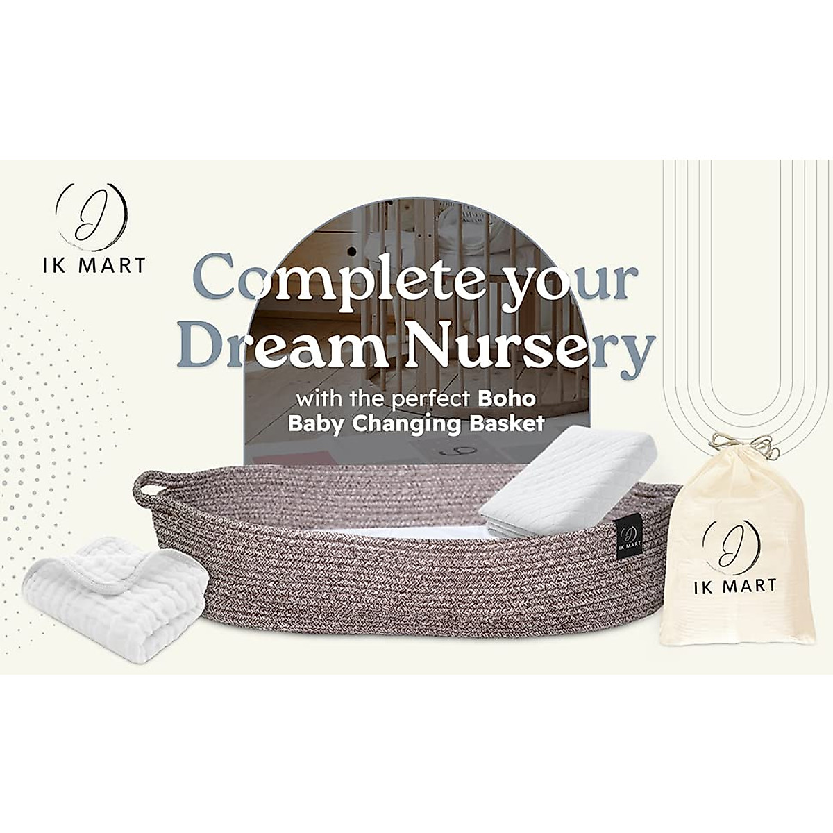 IK MART – Baby Changing Basket – 100% Cotton Rope Diaper Basket - Changing Pad, Portable and Waterproof - with Extra Pad and Burp Cloth - Lighter in Weight - Boho Nursery Decor