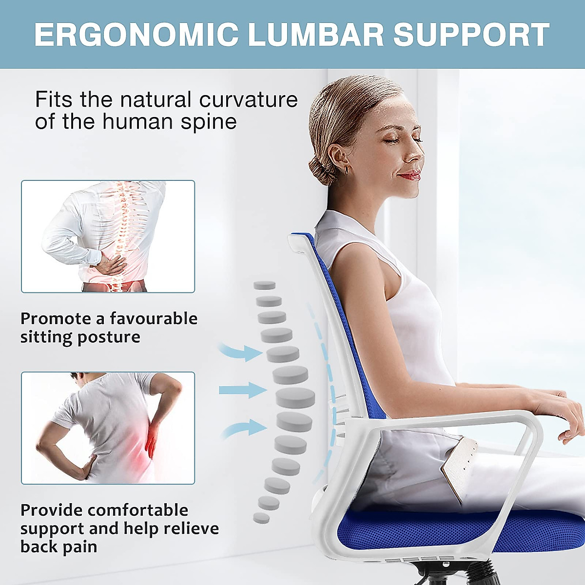 AFO Home Office Desk Chair with Ergonomic Lumbar Supportive Armrest, Mid Back, Tilting Function, Breathable Mesh and High Resilience Sponge Swivel Rolling, Adjustable Height, Navy Blue