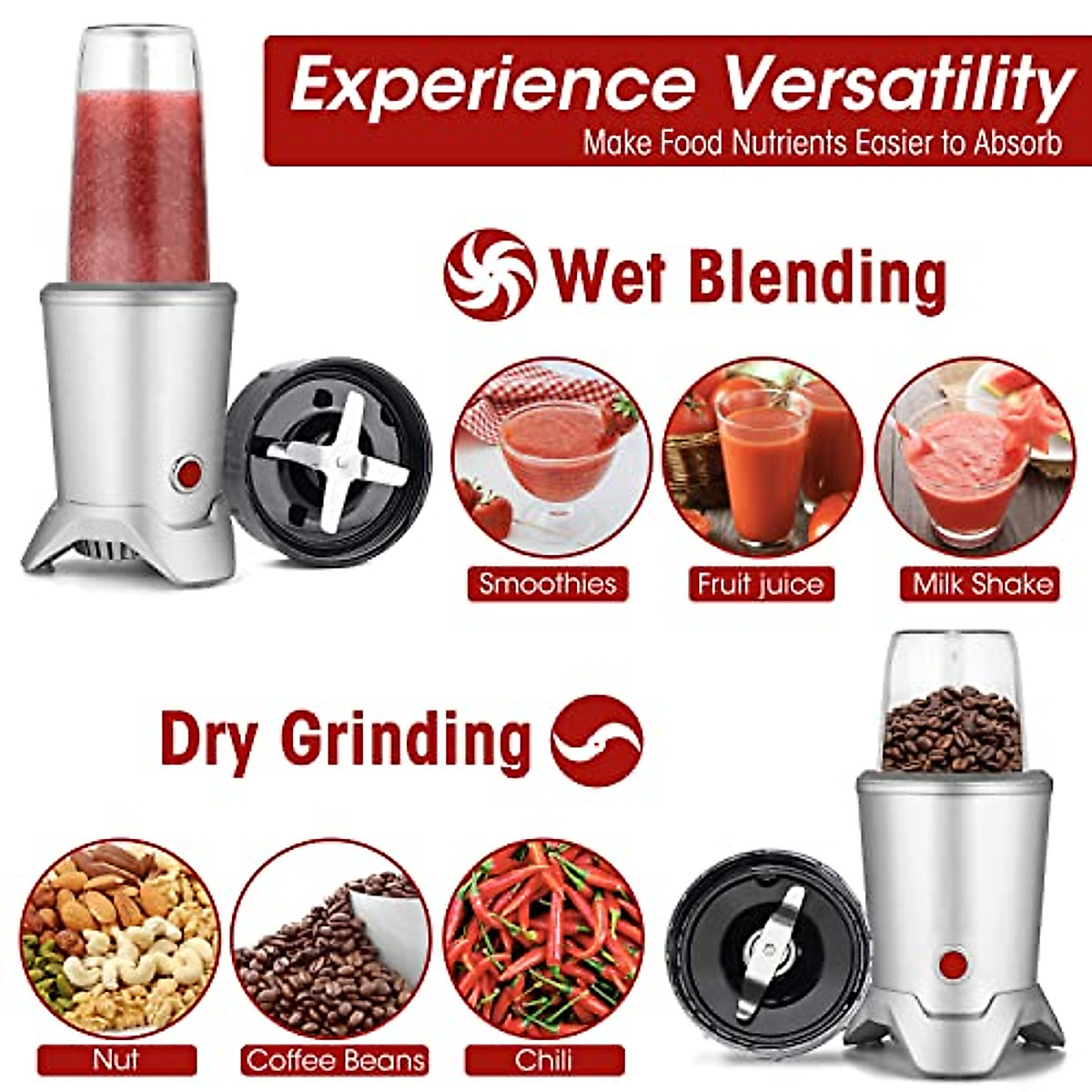 1200W Personal Bullet Blender for Shakes and Smoothies, Regenerate Nutri Aluminum Large Capacity Mixer with Blending & Grinding Blades for Kitchen, Tritan 34+17 Oz Travel Bottles for Fruits, Vegetables, Coffee, Countertop, Silver