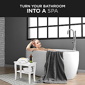 Bamboo Shower Bench Spa Stool - Wood 2-Tier Seat, Foot Rest Shaving Stool with Non-Slip Feet + Storage Shelf - Seat or Organizer for Bathroom, Living Room, Bedroom and Garden Décor (White)