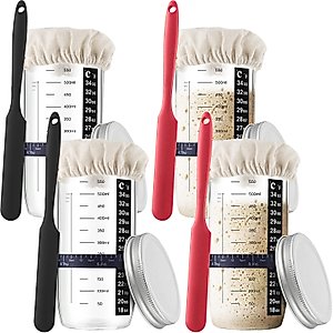 Maxcheck 4 Sets Sourdough Starter Jar Sourdough Starter Kit with Thermometer Scraper, Cloth Cover and Metal Lid 24 oz Wide Mouth Sour Dough Jar Container for Bread Baking Supplies(4 Sets)