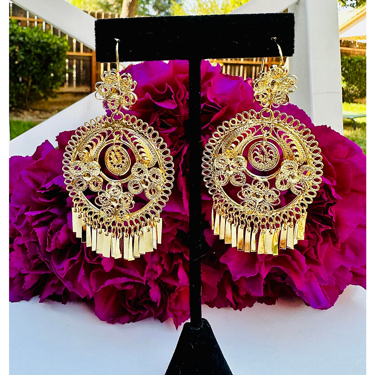 Folklorico Earrings, 3-Flowers (Medium) Size, Day of the Dead, Mexican Earrings