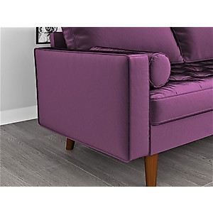 Container Furniture Direct Womble 58 Inch Velvet Loveseat Sofa with Elegant Button Tufted Upholstery, Square Arms, Splayed Wood Legs, Includes Matching Bolster Pillows, Eggplant