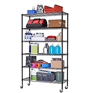 Storage Shelves 2100Lbs Capacity, 6-Shelf on Casters 48" L×18" W×72" H Commercial Wire Shelving Unit Adjustable Layer Metal Rack Strong Steel for Restaurant Garage Pantry Kitchen,Black