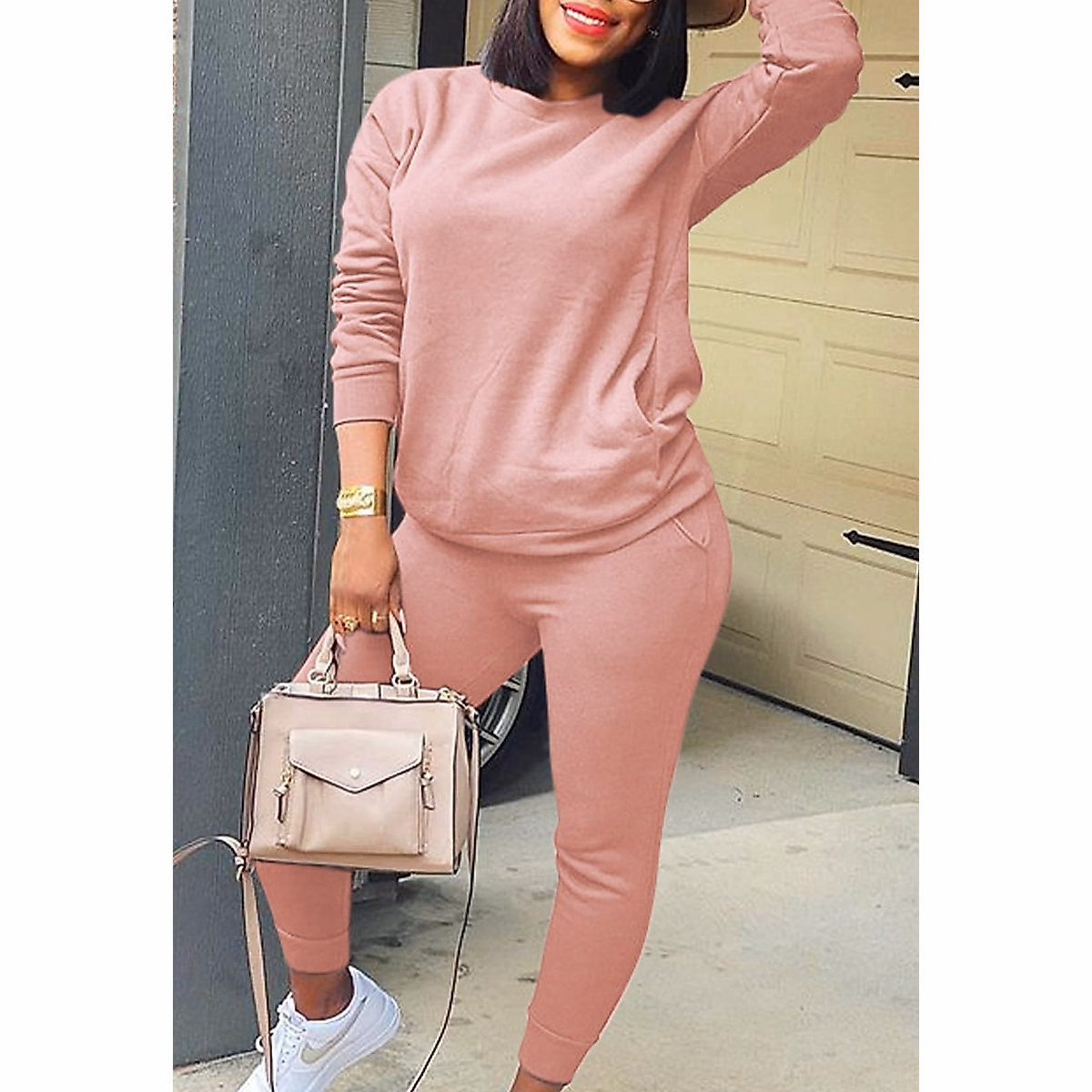 Fixmatti Women 2 Piece Sweatsuit Long Sleeve Tops Jogger Pants Workout Sets Tracksuit Pink M