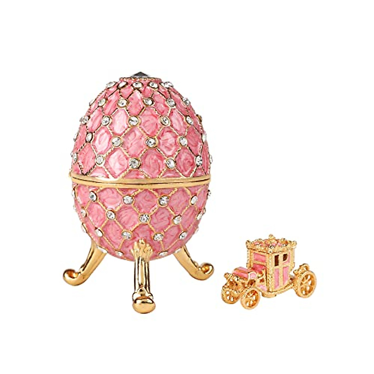 QIFU Vintage Pink Faberge Egg Style Enameled Trinket Box Hinged with Mini Royal Carriage