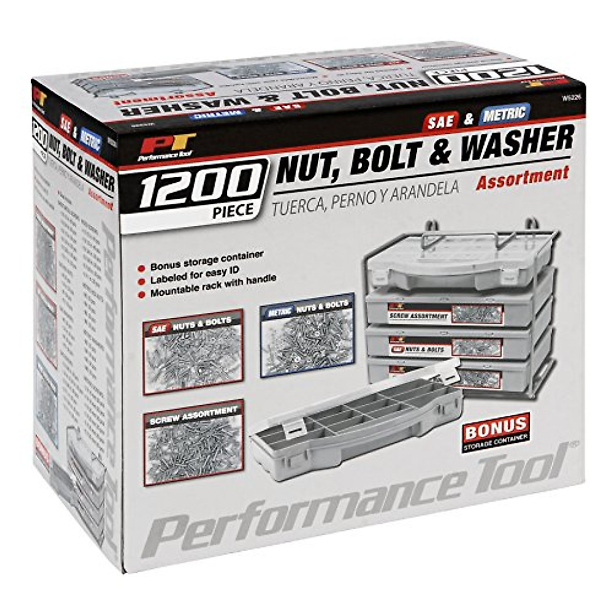 Performance Tool W5226 SEA/Metric Nut and Bolt Assortment with Case, 1,200 pieces