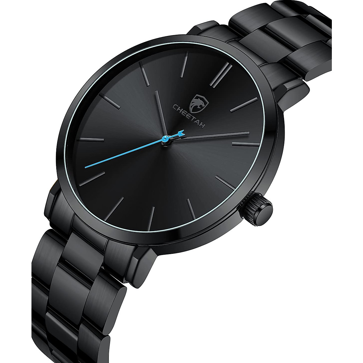 GOLDEN HOUR Men's Watches Slim Minimalist Runway Black Stainless Steel Quartz Analog Watch with Blue Hands